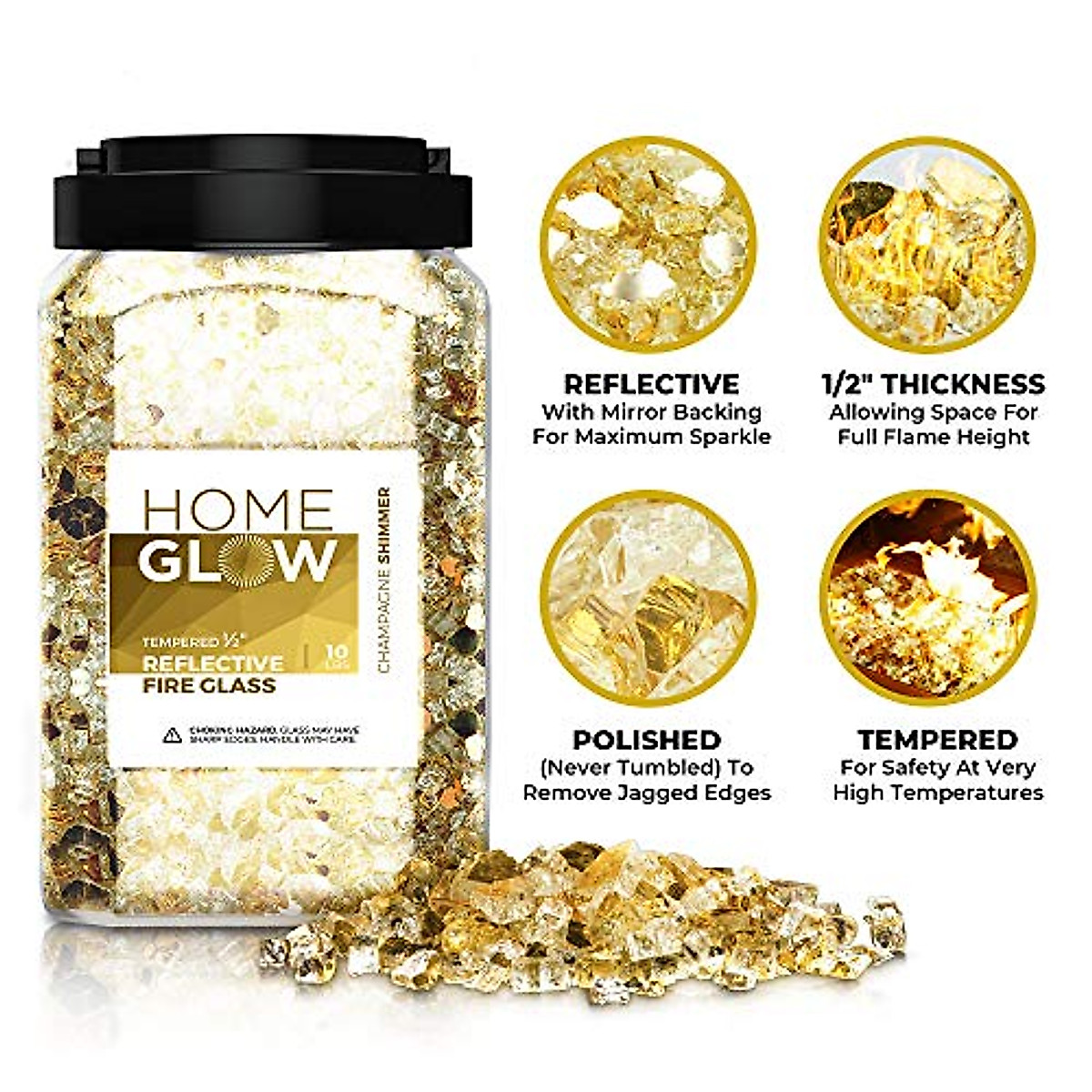 HOMEGLOW Fire Glass. Gold 1/2 inch. Reflective Tempered Glass Rocks for Gas or Propane Fire Pit or Fireplace. 10 Pounds.