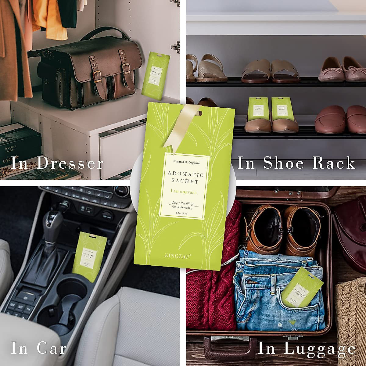 ZingZap Insect Repelling Sachets 10-Pack, Repels Ants, Fleas, Moths, Mosquitoes, Roaches & More, All-Natural Refreshing Scent, Lasting Effectiveness, Non-Toxic Lemongrass