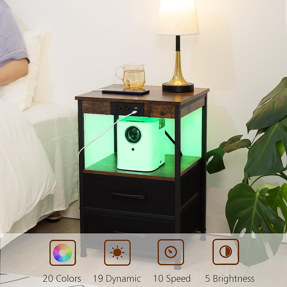 LOAKEKEL Night Stand Set 2, Nightstand with Charging Station, LED End Tables with USB C Port and Outlets, Bedside Table with 2 Fabric Drawers for Bedroom, Rustic Brown, HNS022BR