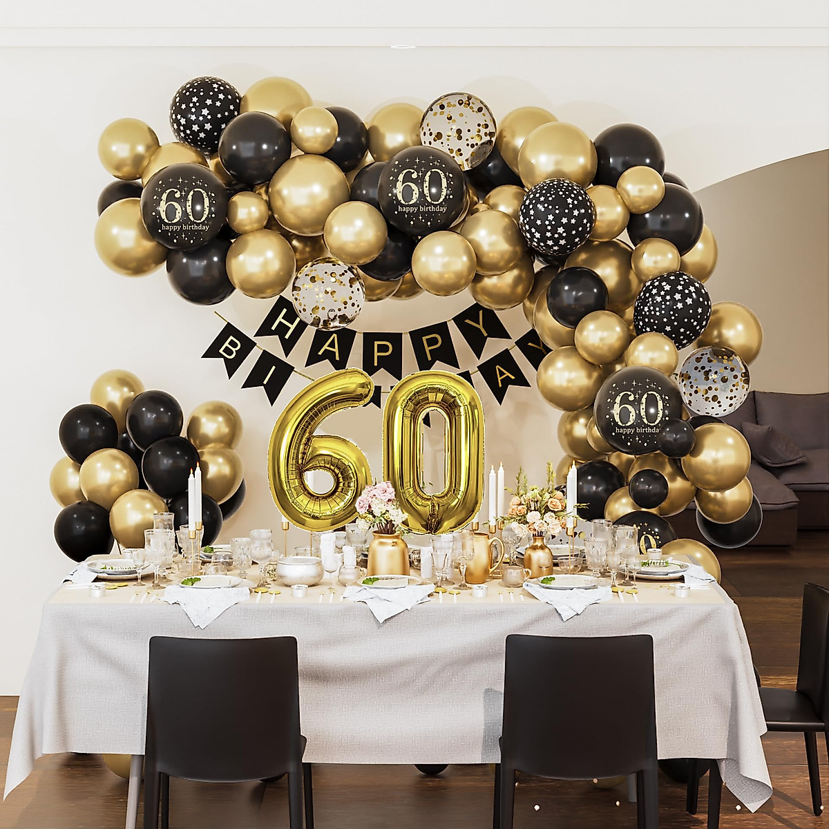 60th Birthday Decorations for Men Women, Black and Gold 60th Birthday Balloons Set Party Decorations with Happy 60th Birthday Decorations Banner，Black Gold Decor for 60th Birthday Party
