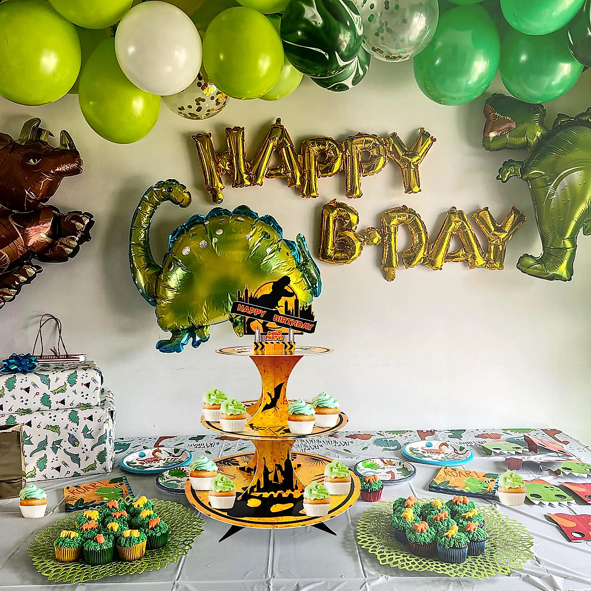 Dinosaur Cupcake Stand for Kids Boys Dinosaur Birthday Jurassic Party Baby Shower Decorations Supplies Favors 3 Tier Dino Cardboard Cupcake Stand for 24 Cupcakes