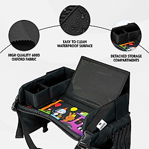 DMoose Kids Travel Tray, Toddler Car Seat Lap Activity Tray with Padded Comfort Base, Side Walls, Mesh Snack Pockets, Tablet Holder, Waterproof Car Seat, Stroller, Airplane Play and Learn Area (Black)
