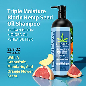 Hempz Biotin Hair Shampoo - Triple Moisture Fresh Citrus - Peach & Grapefruit - For Growth & Strengthening of Dry, Damaged and Color Treated Hair, Hydrating, Softening, Moisturizing 33.8 Fl OZ