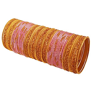 Touchstone Indian Bollywood Glamorous Fashion Wrist Enhancing Shimmering Golden Glitters Textured Peach Color Designer Jewelry Bracelets Bangle Chura. Set of 48 in Gold Tone for Women.