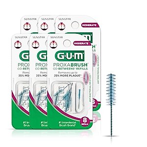 GUM Proxabrush Go-Betweens Refills - Moderate - Compatible with GUM Permanent Handle - Reusable Interdental Brushes - Soft Bristled Dental Picks, 8ct(6pk)