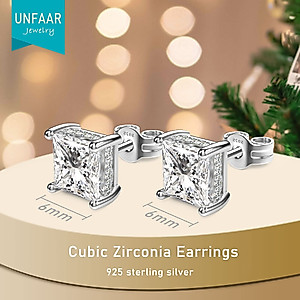 UNFAAR 18K White Gold Plated Sterling Silver Princess Cut Cubic Zirconia Stud Earrings Square CZ Diamond Stud Earrings for Women Men Hypoallergenic (6MM, Clear)