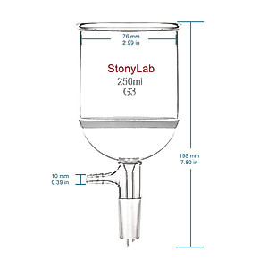 StonyLab Borosilicate Glass Buchner Filtering Funnel with Fine Frit(G3), 76mm Inner-Diameter, 80mm Depth, with 24/40 Standard Taper Inner Joint and Vacuum Serrated Tubulation (250ml)