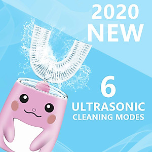 Kids U Shape Electric Toothbrushes Ultrasonic Whole Mouth Auto Toothbrush with 6 Cleaning Modes 2 Brush Heads Brushing Timer Lights IPX7 Waterproof Rechargeable Cartoon Design for Ages 2-6