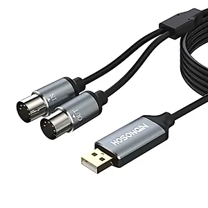 HOSONGIN MIDI to USB Cable 6 Feet, USB to 5-PIN MIDI Interface Adapter Connecting with Keyboard Synthesizer Drum for Editing Recording