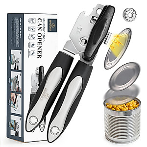 Can Opener Manual Handheld With Magnet, Lid-Lift Safety - Comfortable Anti-Slip Grip Handle And Big Turn Knob - Smooth Edge With Stainless Steel Sharp Blade - Heavy Duty Bottle Can Opener - Black