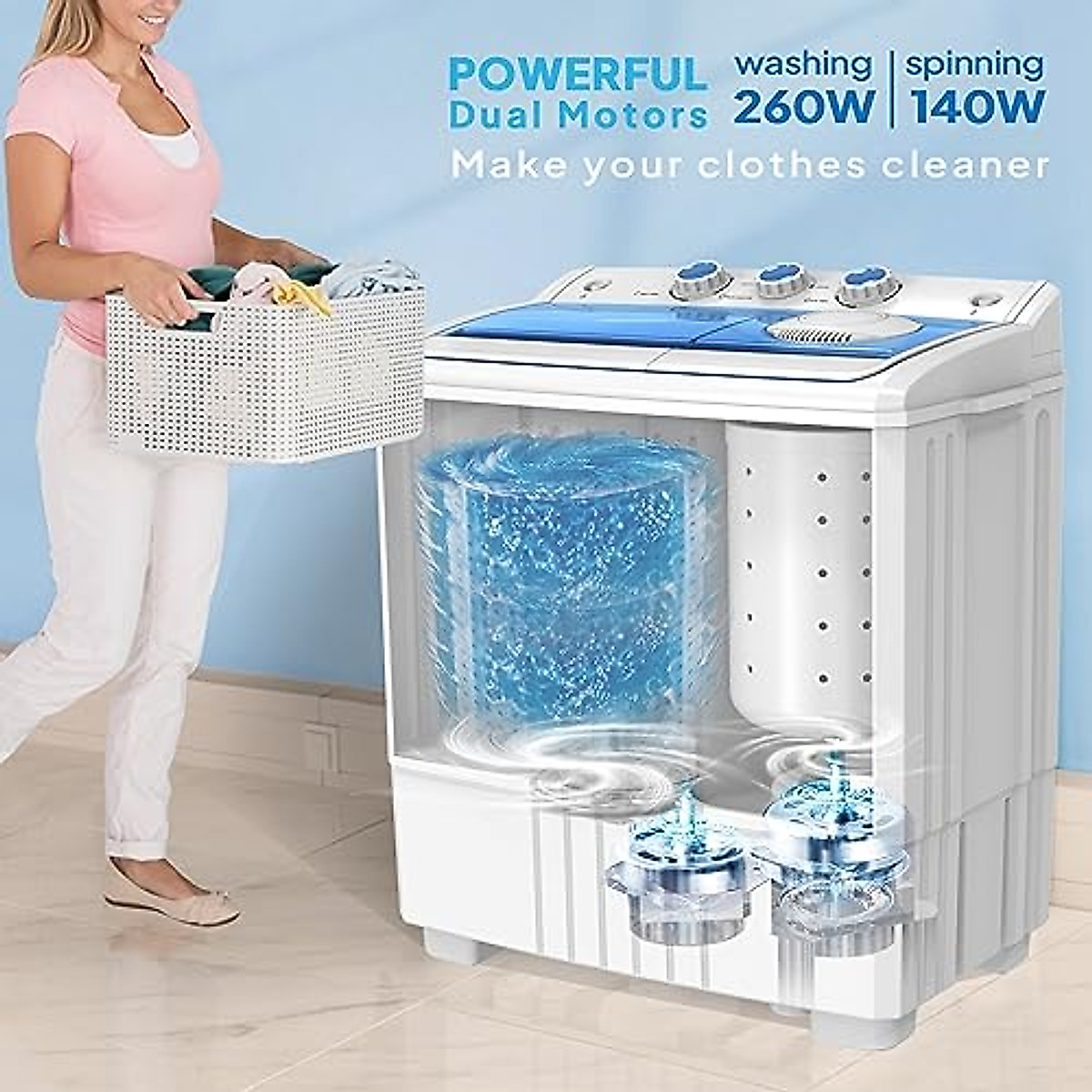 ROVSUN 21LBS Portable Washing Machine, Mini Compact Twin Tub Clothes Washer with Washer(14LBS) and Spinner(7LBS) & Pump Draining, Great for Home Dorms Apartments RV Camping (White & Blue)