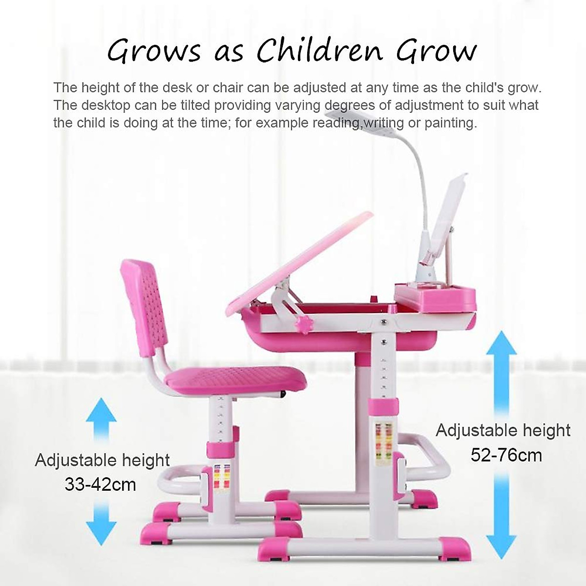 Cantonape Kids Desk and Chair Set, Height Adjustable Children School Study Desk with Tilt Desktop, Bookstand, LED Lamp, Metal Hook and Storage Drawer for Boys Girls, (Pink)