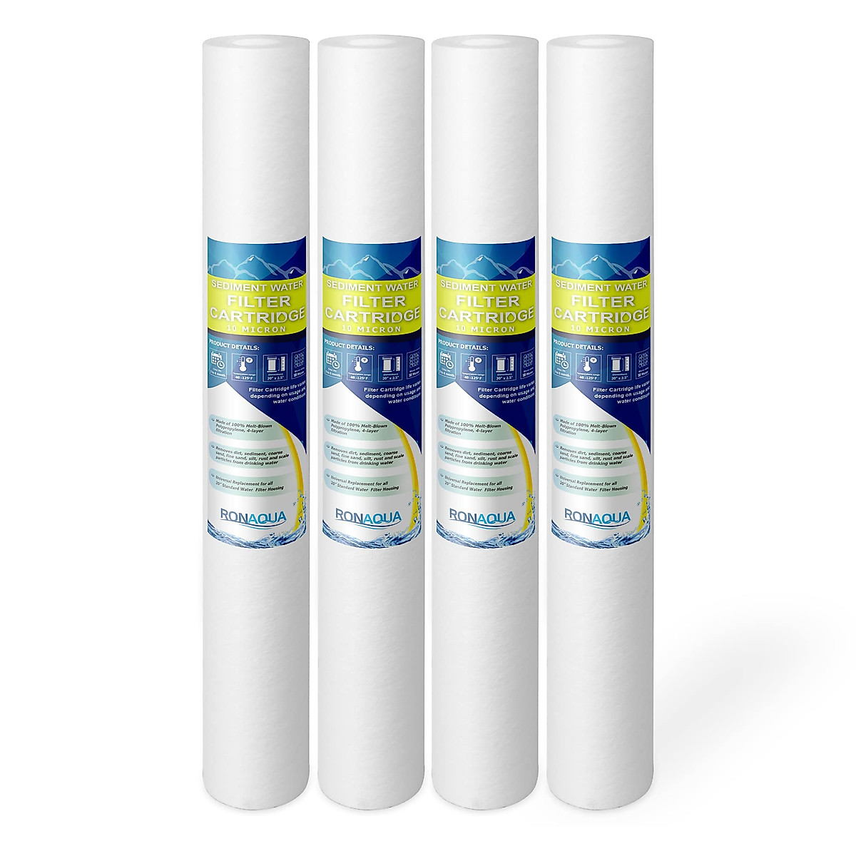 Standard Whole House Melt-blown Four Layers Filtration Polypropylene 10 Micron Sediment Filter 20” x 2.5” Fits 20” x 2.5” Housings. Compatible with FPMB5-20, FPMB520, SDC-25-2005/4, VX05-20 Pack of 4
