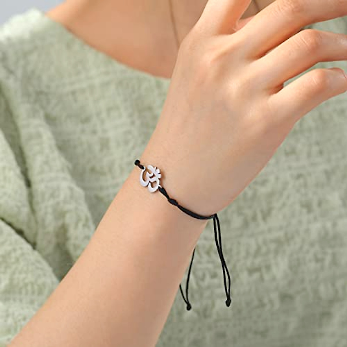 EUEAVAN Hindu OM OHM AUM Sanskrit Symbols Spiritual Bracelet luck Couple Charm Jade Thread Bangle Yoga Amulet Anklets Jewelry Accessories (black)