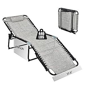GYMAX Lounge Chair for Outside, 440lbs 27.5” Oversize Folding Beach Tanning Sunbath Chair with Adjustable Backrest & Removable Pillow, Lightweight Portable Patio Lounger for Lawn Poolside (1, Grey)