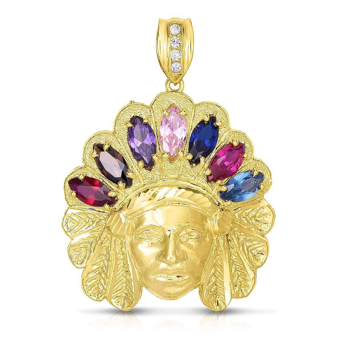 Floreo 10k Yellow Gold Multi Color Gemstone and CZ Native American Indian Tribal Chief Head Pendant, Medium (1.7 x1.2 inch)