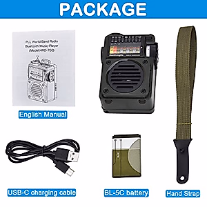 HanRongDa Radio, Bluetooth Speaker Support MicroSD Card, FM MW WB Shortwave Receiver with NOAA Alerts and Sleep Timer, Rechargeable Retro Analog Radios with Backlit and ATS Preset for Camping HRD700