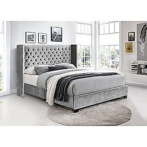 Nathaniel Home Aliyah Velvet Upholstered Platform Bed Deep Button Tufting Frame Bed with Wingback Headboard/Mattress Foundation/Wood Slat Support/No Box Spring Needed/Easy Assembly, Silver, King