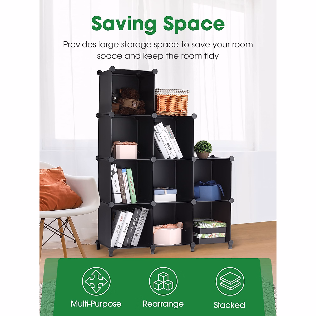 Puroma 9 Cube Storage Organizer, Black Modern Bookcase with Mallet DIY Closet Organizers and Storage, 12" x 12" x 12"