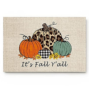 Thanksgiving Doormat Harvest Pumpkin Orange Entrance Door Rug Leopard Sunflower It's Fall Y'all Indoor/Bathroom/Kitchen/Bedroom/Entryway Floor Mat Thanksgiving Harvest Decorative Anti-Slip 18x30inch