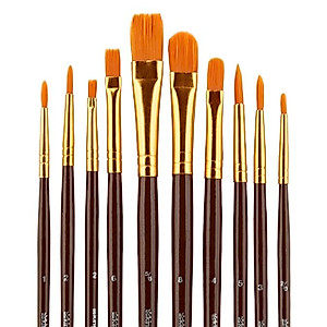 KINGART 250-10 Acrylic Art Paint Brush Set, 10 Round & Flat Brown Nylon Short Handle Brushes for Acrylic, Oil, and Watercolor, Rock Painting, Face Painting, Canvas, Ceramic, Craft and Hobby