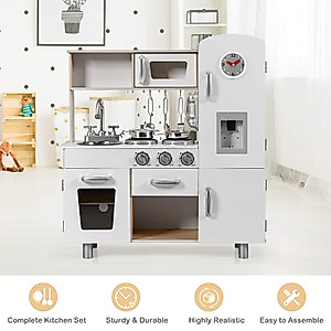 Costzon Kitchen Playset for Kids, Wooden Pretend Cooking Kitchen w/Utensils, Oven, Cabinets, Faucet, Sink & Telephone, Toddlers Play Kitchen Set with Accessories Gift for Age 3+ (Natural)