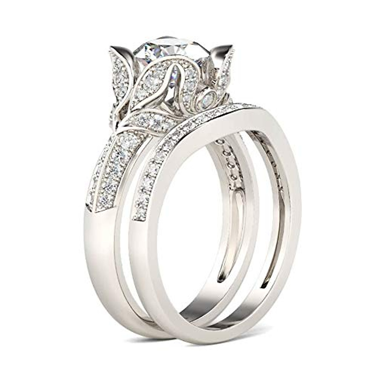 Jeulia Sterling Silver Round Cut Ring Tulip Flower Bridal Set Cubic Zirconia Simulated Diamond Engagement Rings Solitaire Wedding Promise Rings with Jewelry Box (7.5)