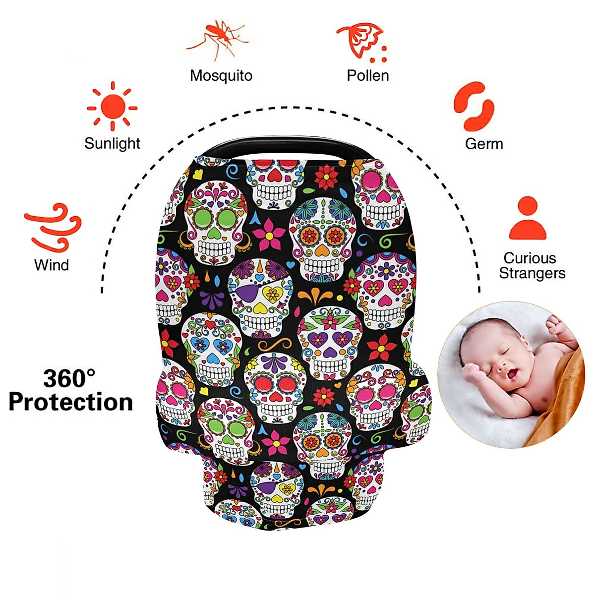 Nursing Cover Breastfeeding Scarf Day of Dead Sugar Skull- Baby Car Seat Covers, Infant Stroller Cover, Carseat Canopy(m)