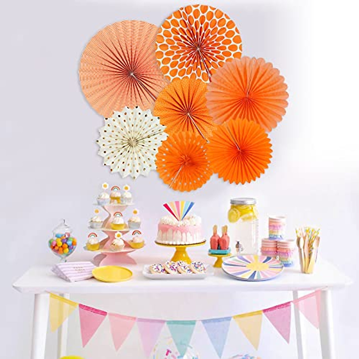 SUNBEAUTY Pack of 7 Hanging Paper Fans Collection Orange Paper Fans Home Party Photo Backdrop Decorations