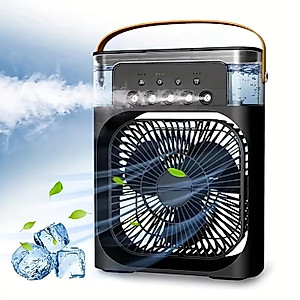 Portable Air Conditioners Fan, Ultra Quiet Personal Small Cooling Misting Fan with 3-Speeds, 5 Mist Holes, Timer, 7 Colors Lights, USB Table Air Cooler Fan for Makeup, Home, Office, Travel (Black)