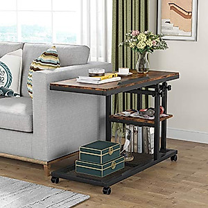 Tribesigns Height Adjustable C Table with Wheels, Mobile Couch Snack Side Table with Tiltable Drawing Board, Sofa Bedside Laptop Stand C Shaped TV Tray with Storage Shelves (Brown)