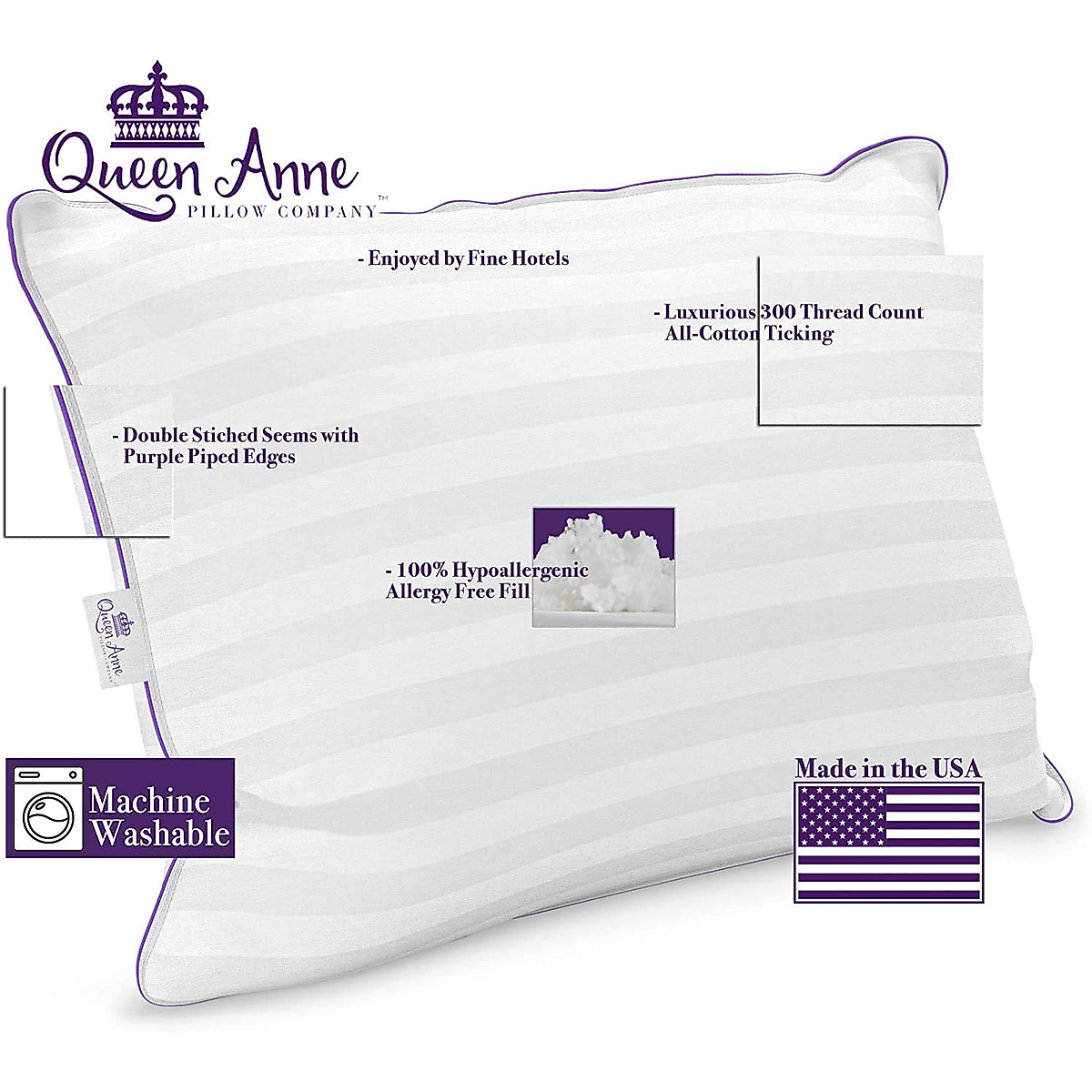 Queen Anne Luxury Hotel Pillows - Two Pack (2) - Majesty Down - Synthetic Down Alternative - Allergy Free Hypoallergenic Bed Pillows - Made in USA (Queen Firm)