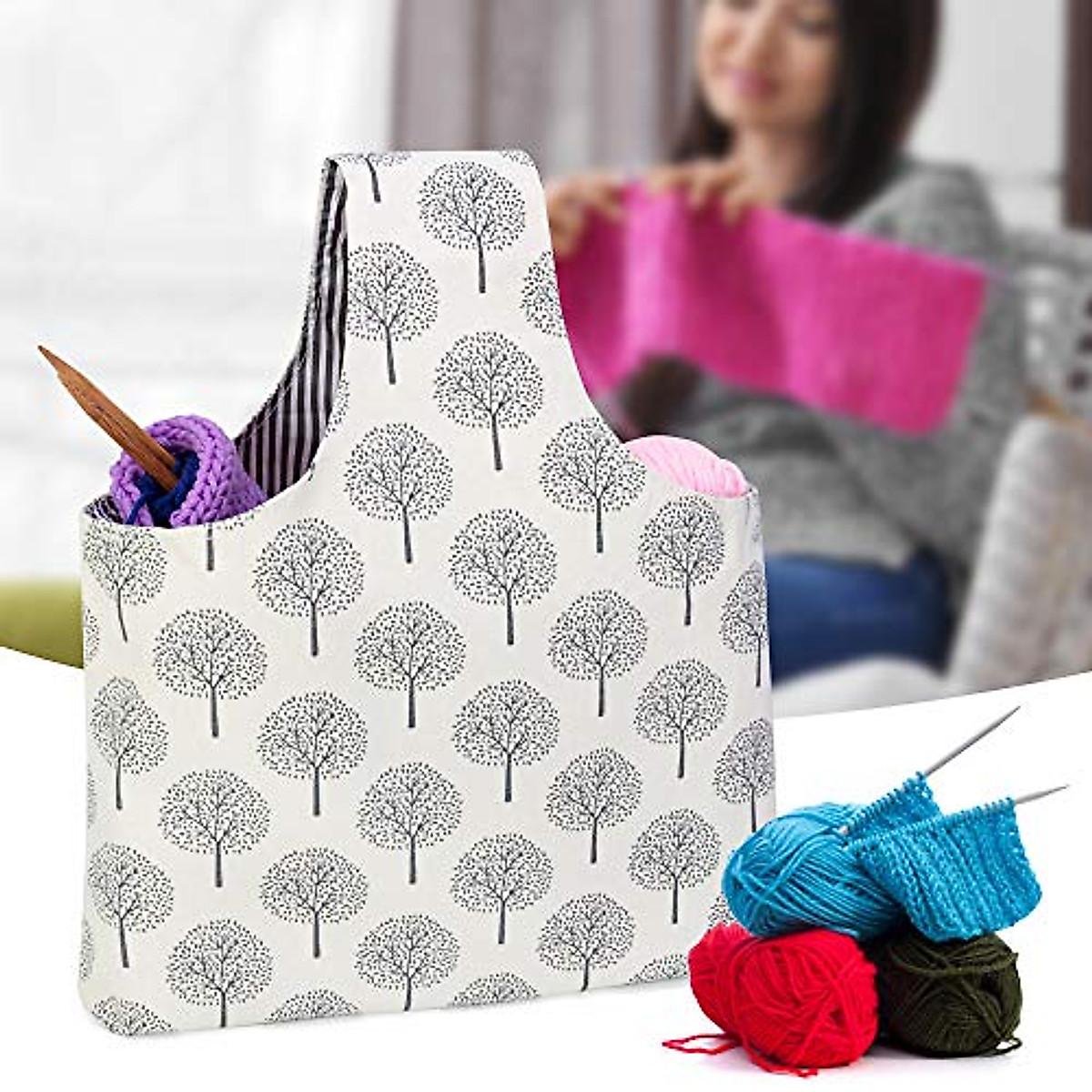 Teamoy Knitting Tote Bag, Travel Project Wrist Bag for Knitting Needles(14inches), Yarn and Crochet Supplies, Lightweight, Perfect Size for Knitting on The Go (Large, Tree)