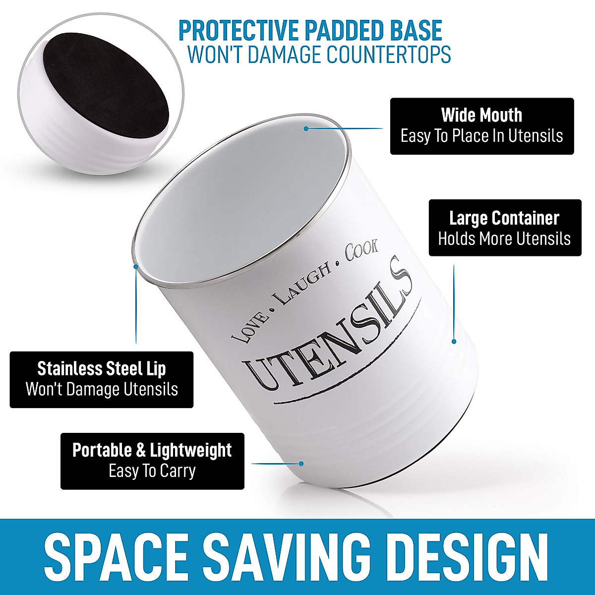 Zulay Large Utensil Crock Storage Organizer - Kitchen Utensil Holder For Countertop With Padded Base - Large Utensil Holder With Rustic Farmhouse Design For Home & Kitchen Decor (White)