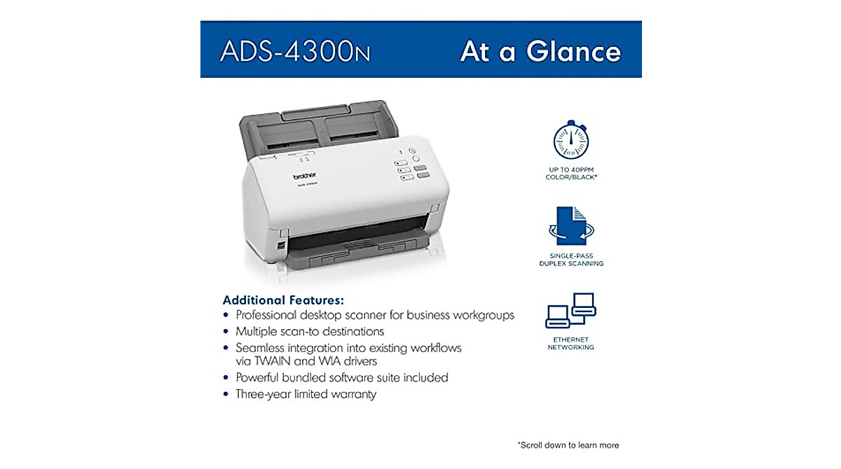 Brothers ADS-4300N Desktop Scanner - Fast, Secure, Multi-Destination