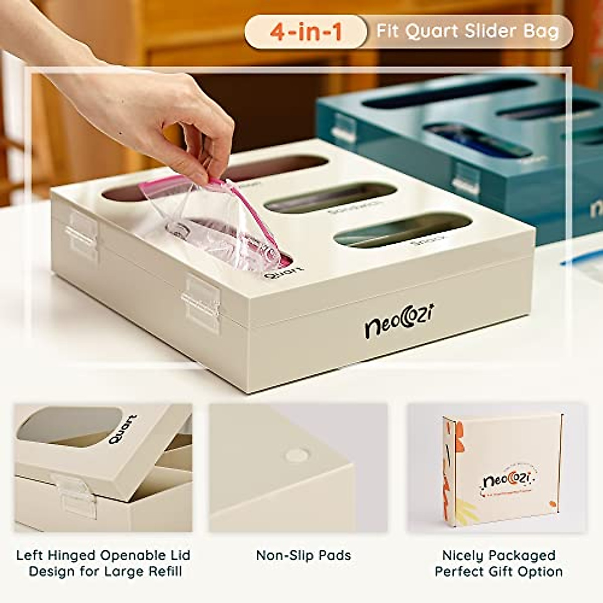 NeoCozi Ziplock Bag Organizer for Drawer or Cabinet, Acrylic Kitchen Drawer Organizer for Gallon, Quart(or Slider), Sandwich and Snack Food Baggies, Gift Option - Light Khaki