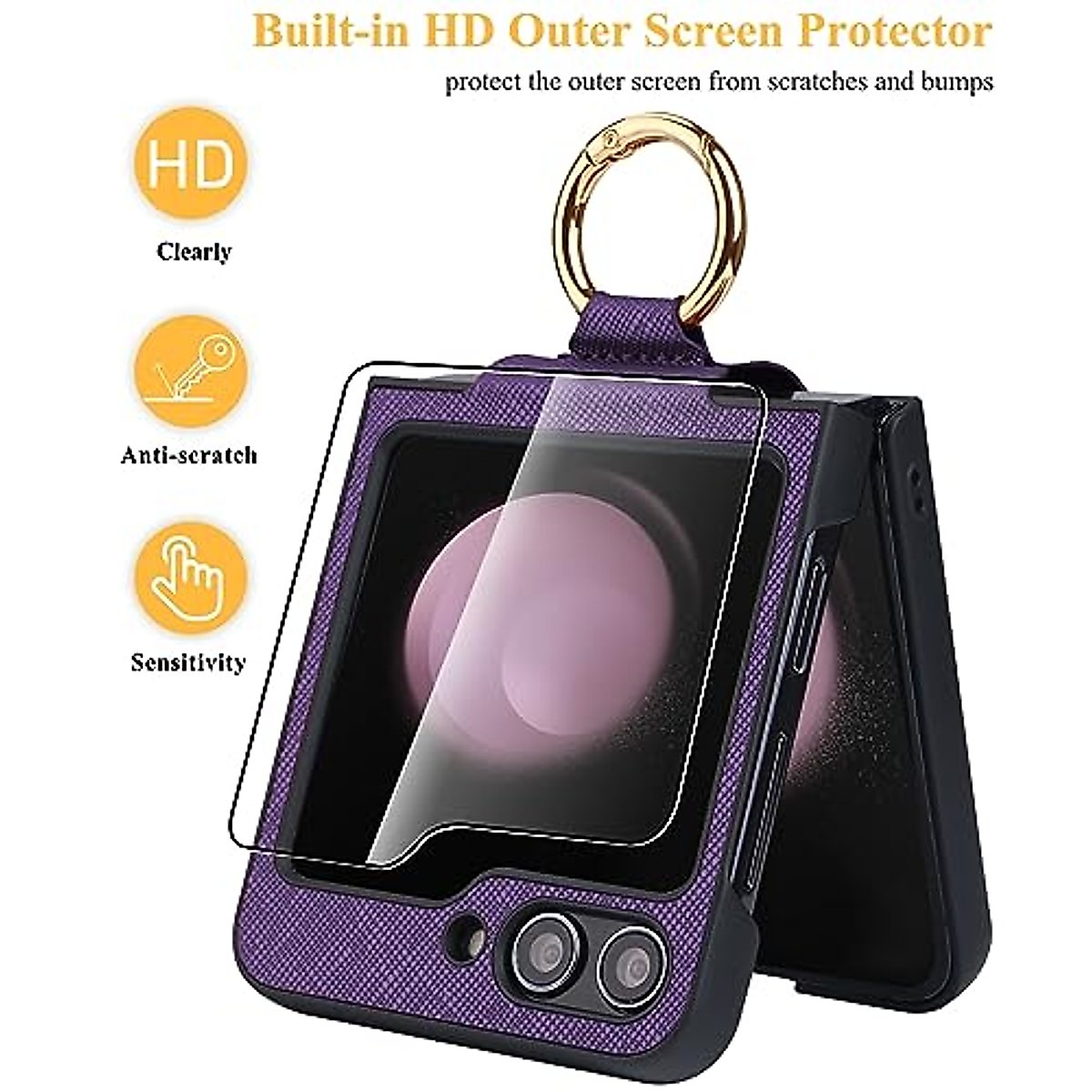 ATATOO for Samsung Galaxy Z Flip 5 Case with Ring & Kickstand & Built-in Screen Protector, Ultra-Thin Case Support Wireless Charging Durable Shockproof Anti-Slip Phone Case for Galaxy Z Flip 5, Purple