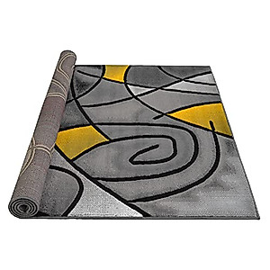 HR Orangish Yellow/Grey/Silver/Black/Abstract Area Rug Modern Contemporary Circles | Bedroom Rug with Wave Design Pattern (5' x 7')