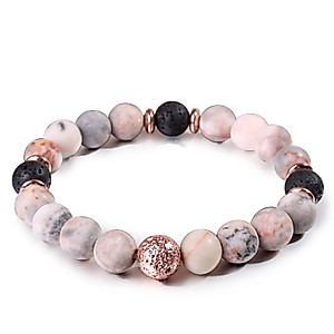 Lava Rock Pink Zebra Jasper Bracelet, Stress Relief Yoga Relaxation Bracelets, Natural Crystal Stone Healing Spiritual Bracelet,Adjustable Beaded Bracelet, Bring Good Luck Gift, Agate