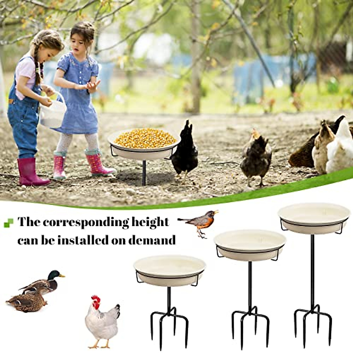 28In Freestanding Birdbaths Bowl Outdoor, Free Standing Garden Bird Bath Bird Feeder Bowl with Metal Stake, Detachable Decoration Spa Birdfeeder for Garden Patio Yard Lawn, 4 Spiky Feet (White)