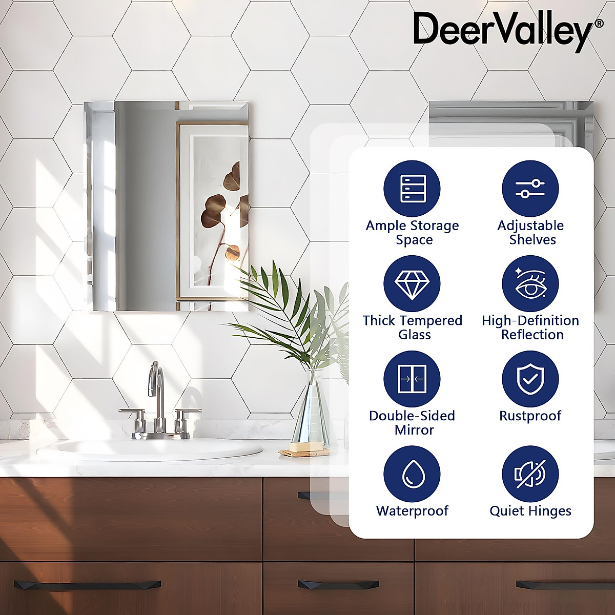 Deer Valley Medicine Cabinet with Mirrors, 15" x 19" Recessed Vanity Mirror for Bathroom, Wall Cabinet with Double Sided Mirror Frameless Rectangle, Adjustable Glass Shelves