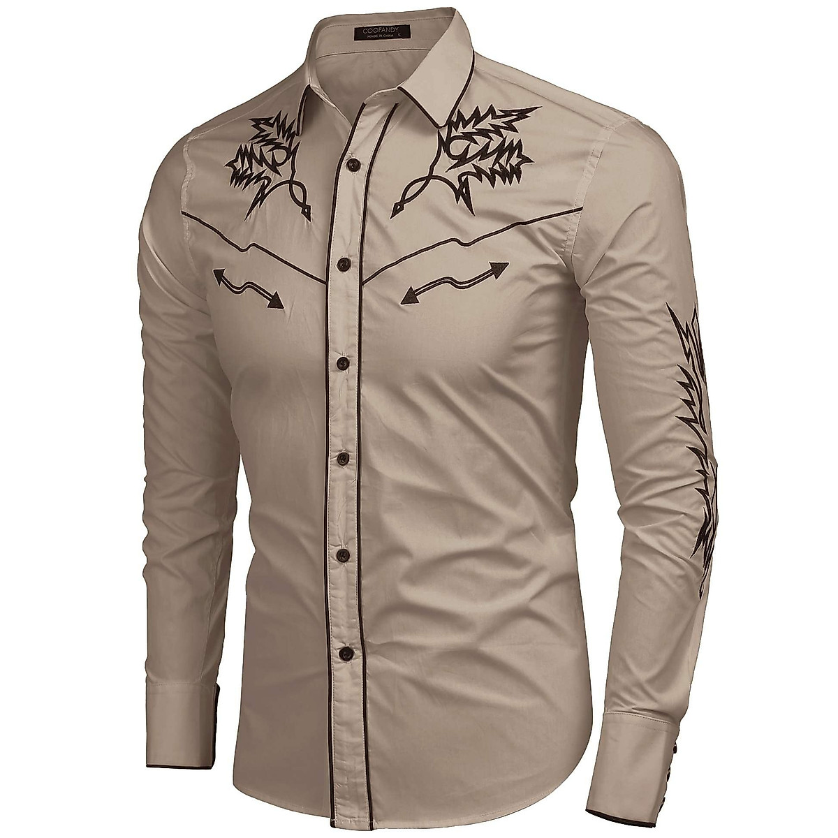COOFANDY Mens Western Cowboy Shirt Embroidered Denim Long Sleeve Casual Button Down Shirt (Large, Khaki)