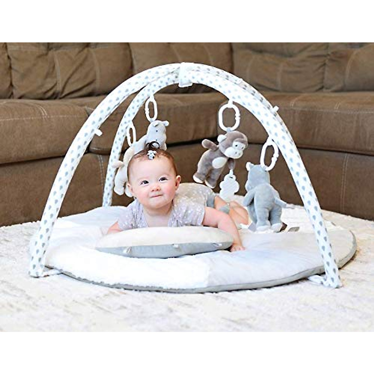 Gabby Grove Gentle Jungle Educational Baby Activity Gym and Infant Play Mat in Grey Shower Gift for Newborn with Mirror, Tummy Time Pillow, and Toys in Gray, White and Cream Neutral Tones