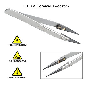 FEITA Black Pointed Ceramic Tip Tweezers - Precision Stainless Steel Tweezer for Electronic Repair, DIY Hobby (1 Pc)