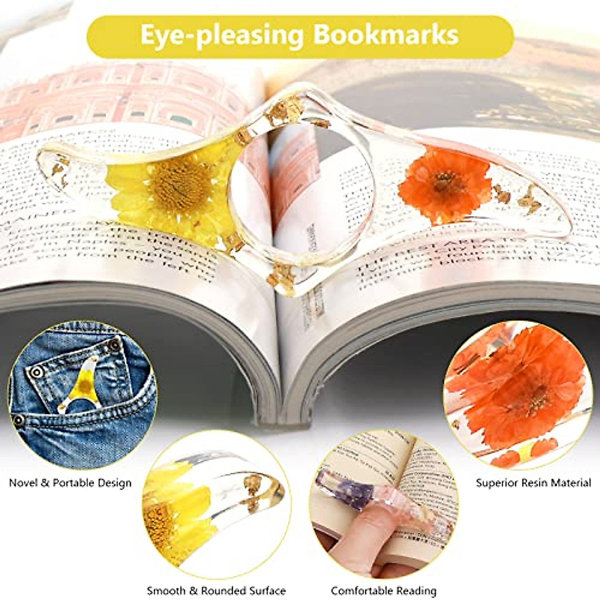 Prasacco 2 Pieces Book Page Holder, Dried Flower Transparent Thumb Ring Page Holder Handmade Personalized Flower Resin Bookmark Book Reading Accessories for Teachers Student Bookworm Readers Literary