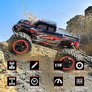 RACENT RC Car, 1:16 Scale All Terrain Monster Truck, 30MPH 4WD Off Road Fast Remote Control Car, 2.4Ghz High Speed Electric Vehicle with 2 Rechargeable Batteries, 40+ Min Play, Gift for Boys (785-5)