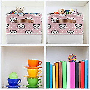 Cartoon Cute Panda Rectangular Storage Basket Storage Bin Collapsible Storage Box with Leather Handles Shelves Basket Organizer for Kitchen, Kids Room