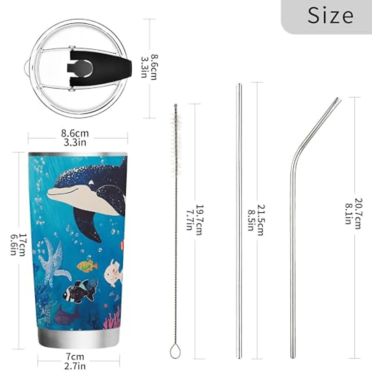 sanluoli Some Dolphin Sea Animals Blue Stainless Steel insulated water bottle with Straw Lid coffee travel mug 20oz for Home, Office or Car Aesthetic Vacuum Insulated Tumbler 20 OZ