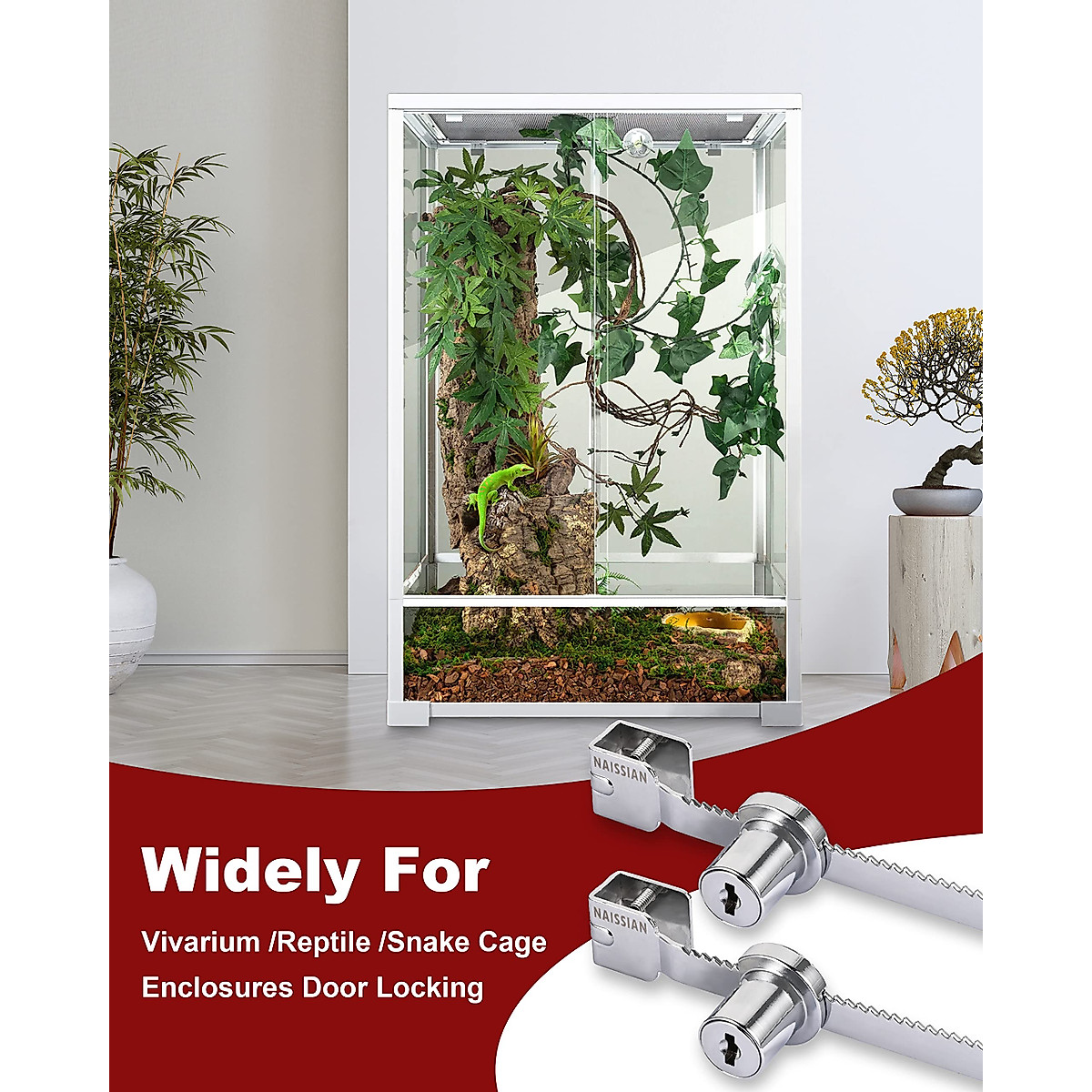 Naissian Sliding Glass Door Ratchet Lock, Lock for Sliding Glass Cabinet Door Locks with Keys Showcase Display Vivarium Reptile Cage Locks, Chrome Finish with 6 Key Aliked, Pack of 2