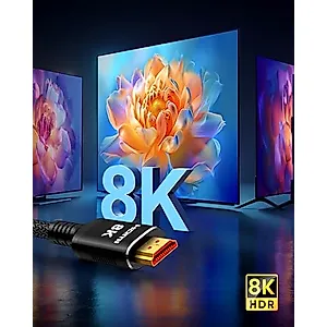 Snowkids 10K 8K HDMI 2.1 Cable 15FT, 48Gbps Ultra High Speed Long HDMI Cable 8K/60Hz 4K/120Hz 144Hz Braided Black HDMI Cord eARC HDR10 HDCP 2.2&2.3 Compatible with Roku TV/PS5/HDTV and More